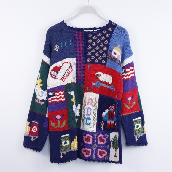 Sweaters | Vintage Hand Knit Sweater W Embroidered Scenes Large | Poshmark